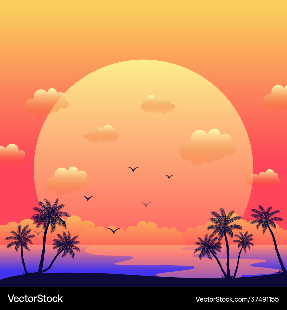 Realistic sea sunset on background palm Royalty Free Vector