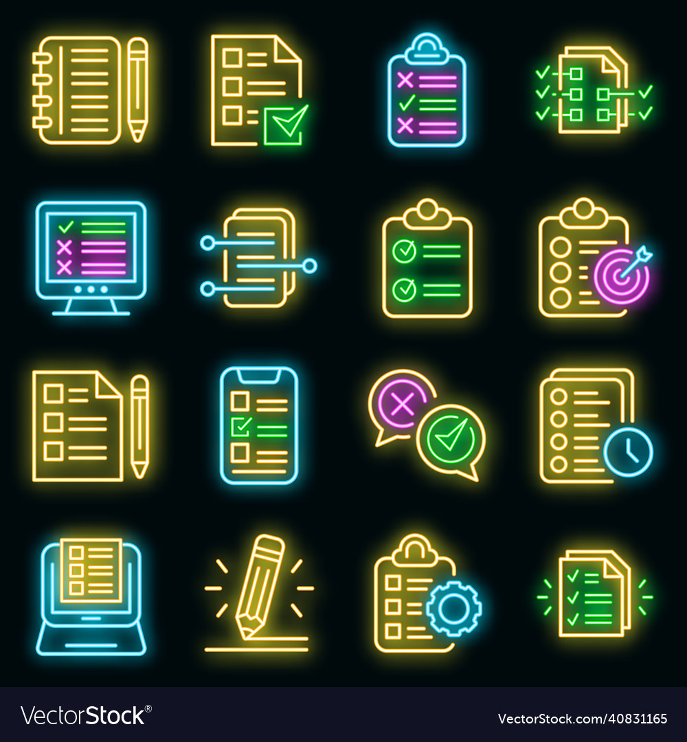 Assignment icons set neon Royalty Free Vector Image