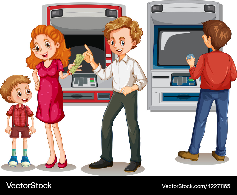 Atm machine with people cartoon character Vector Image