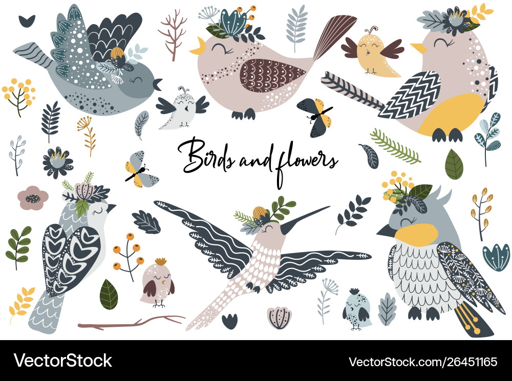 Set isolated birds and flowers Royalty Free Vector Image
