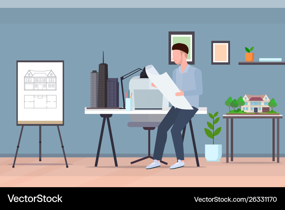 Architect holding blueprint new house project man Vector Image