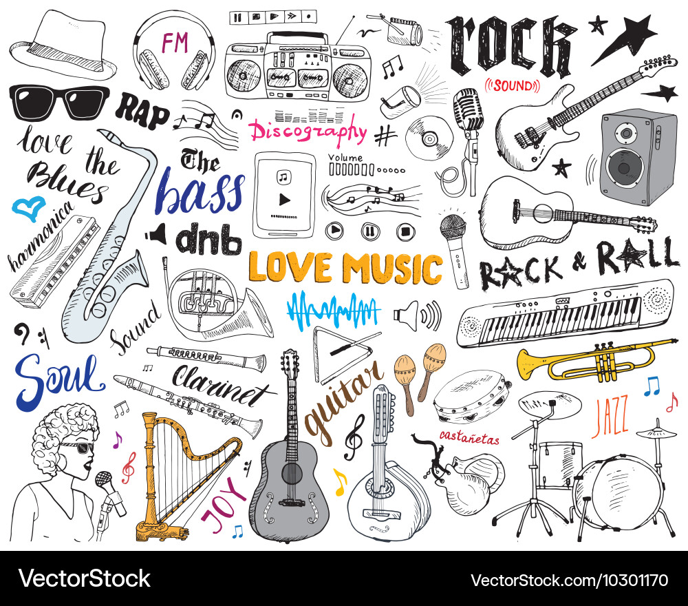 Music instruments set hand drawn sketch isolated Vector Image