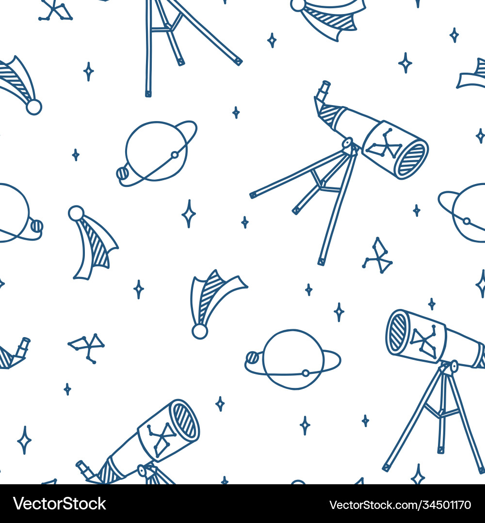Space doodle with telescope planets moon stars Vector Image