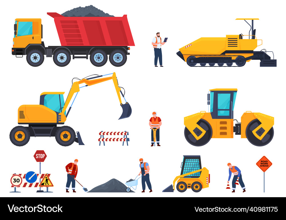 Collection industrial workers with machines road Vector Image