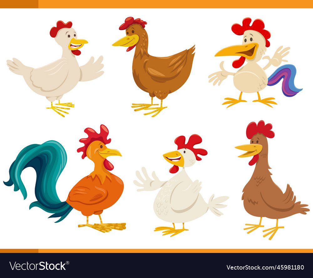 Cartoon happy chickens farm animal characters set Vector Image