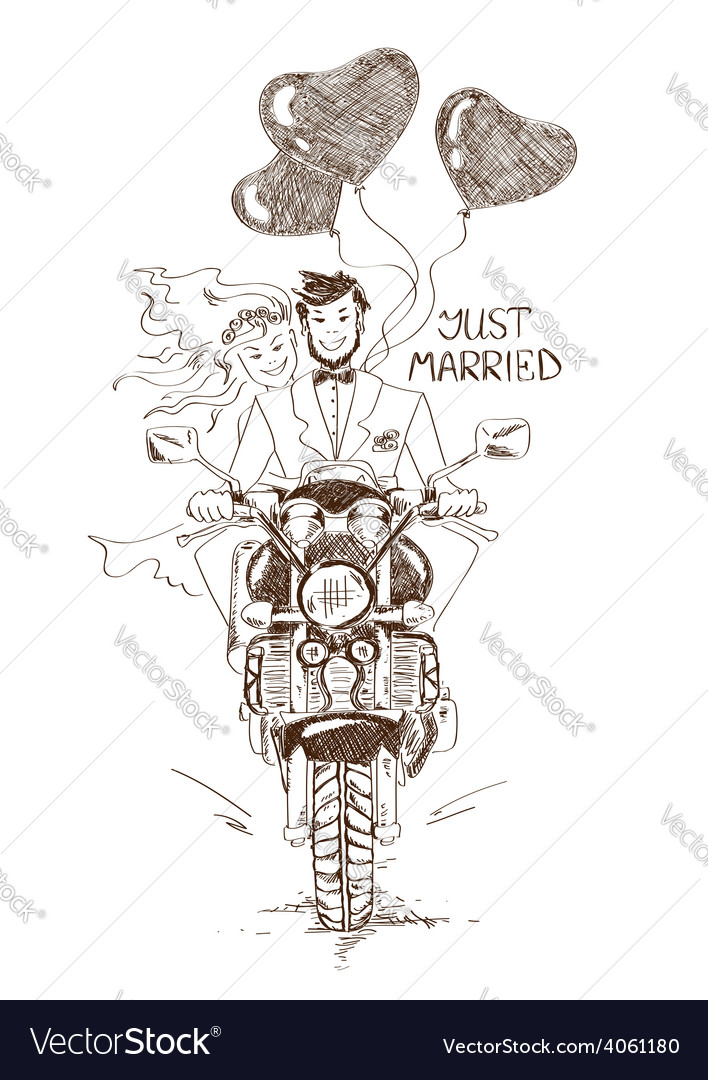 Wedding Couple Riding On A Motorbike Royalty Free Vector
