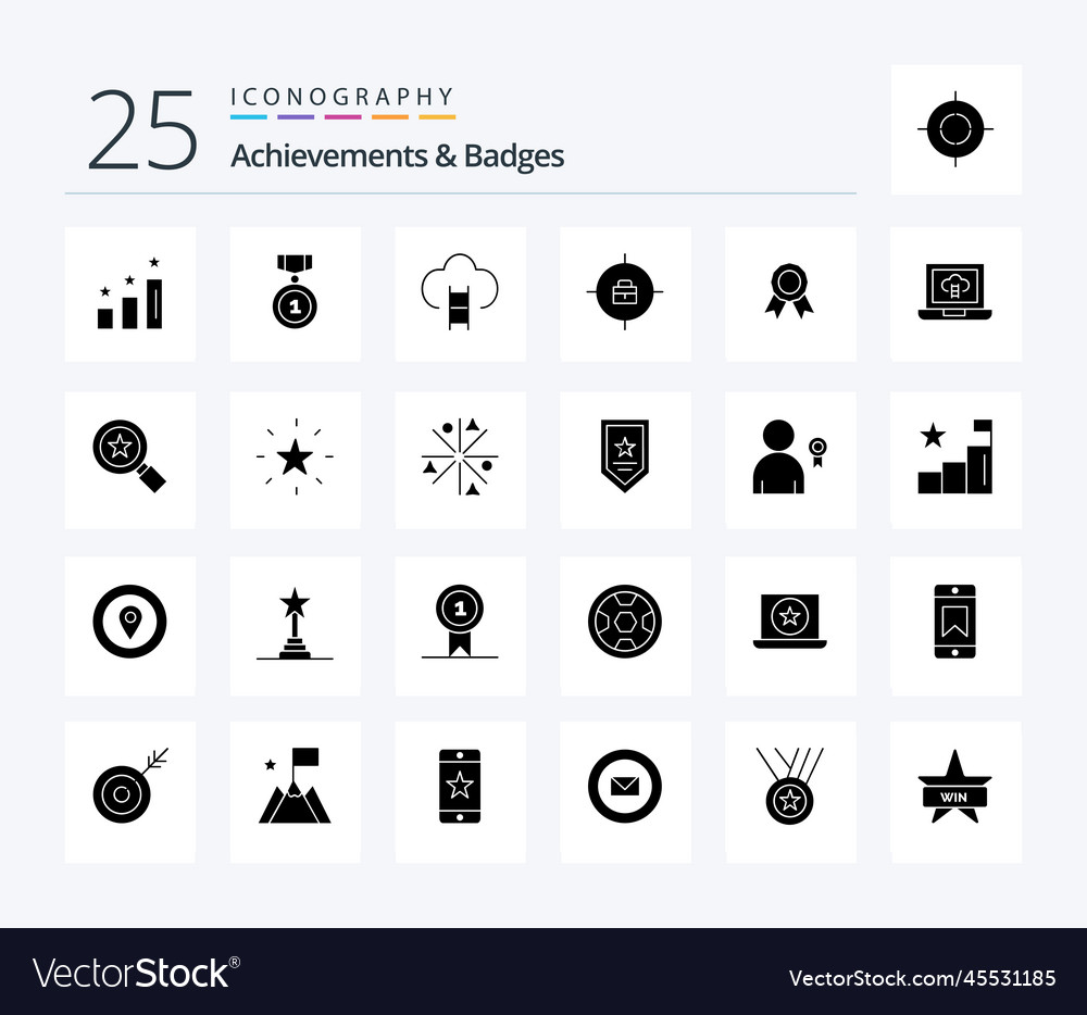 Achievements badges 25 solid glyph icon pack Vector Image Achievements badges 25 solid glyph icon pack Vector Image