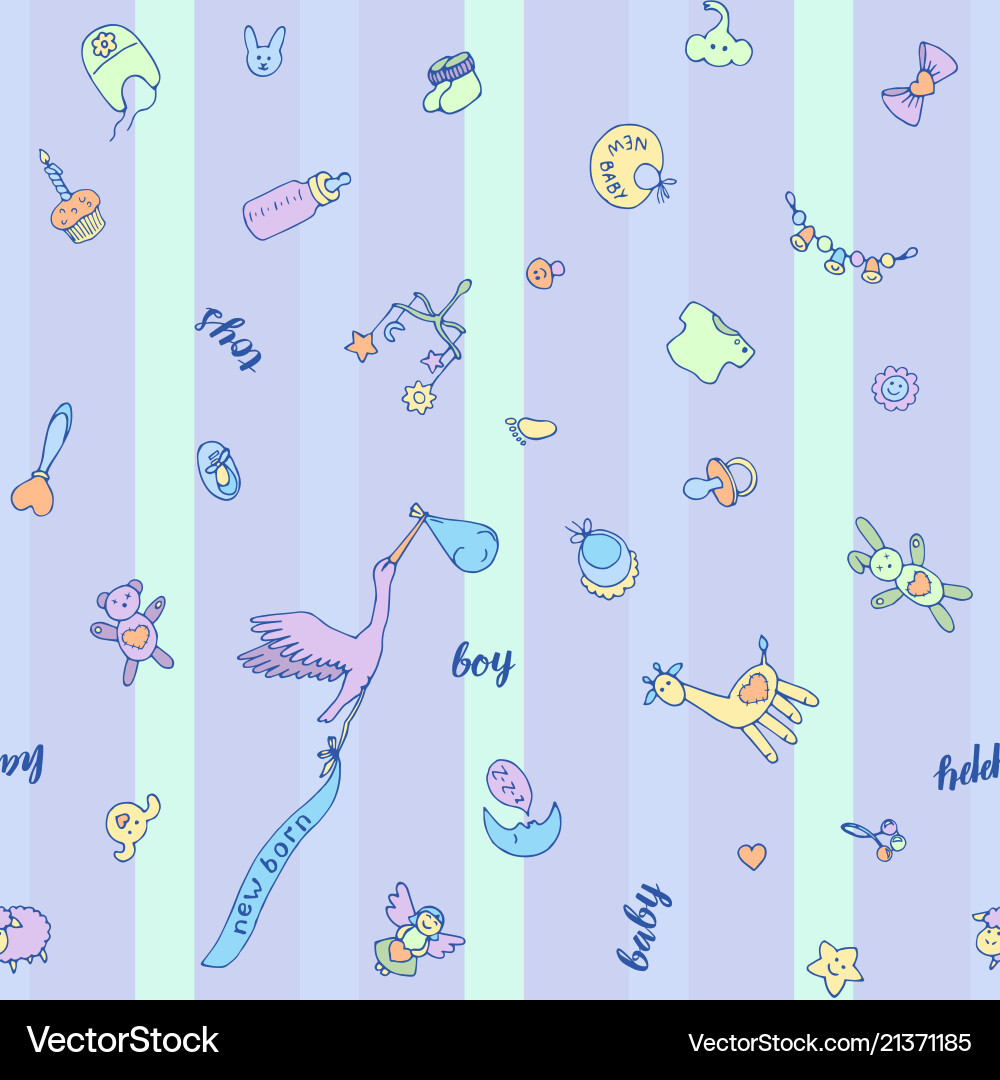 Baby doodle and lettering striped seamless pattern