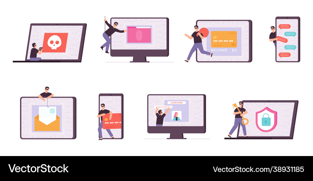 Flat cyber thief and hacker characters stealing Vector Image