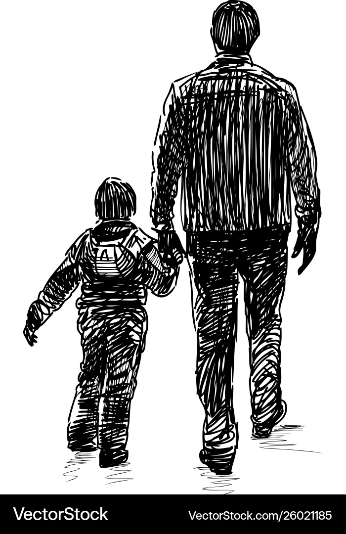 Sketch a man with his kid on stroll Royalty Free Vector