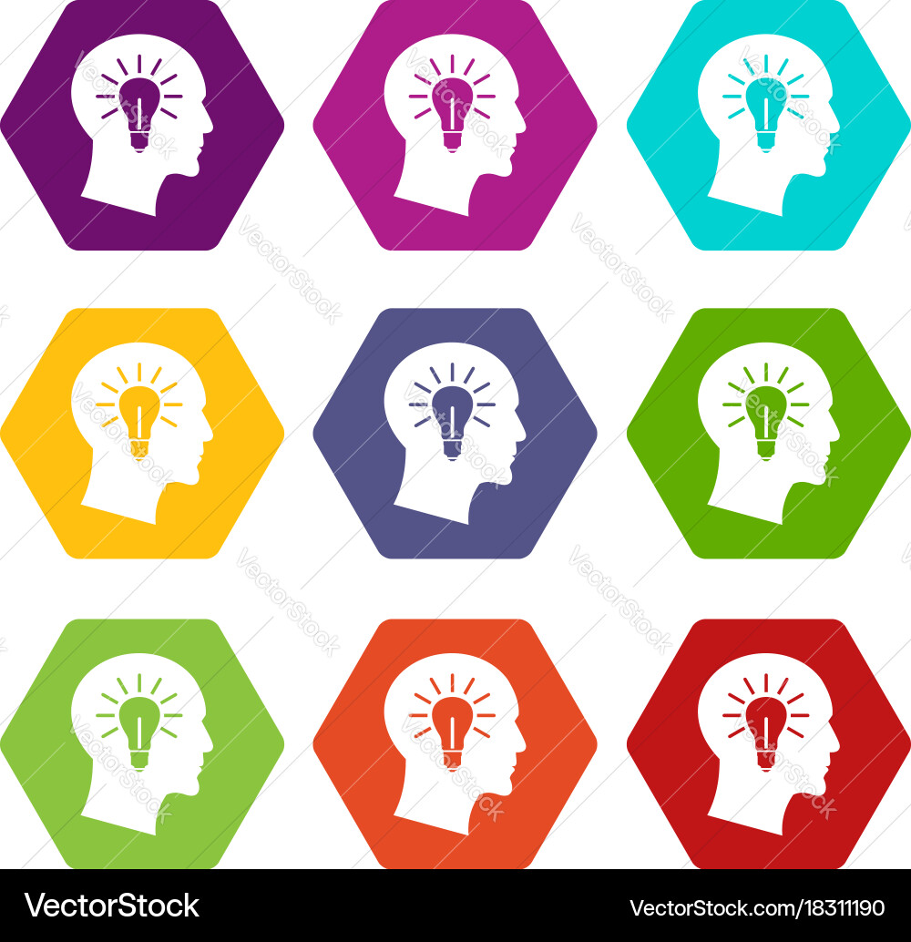 Light bulb inside head icon set color hexahedron Vector Image