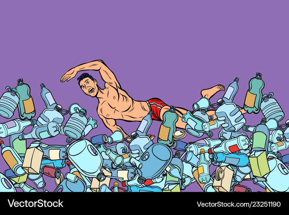 Swimmer at plastic waste ocean pollution ecology Vector Image