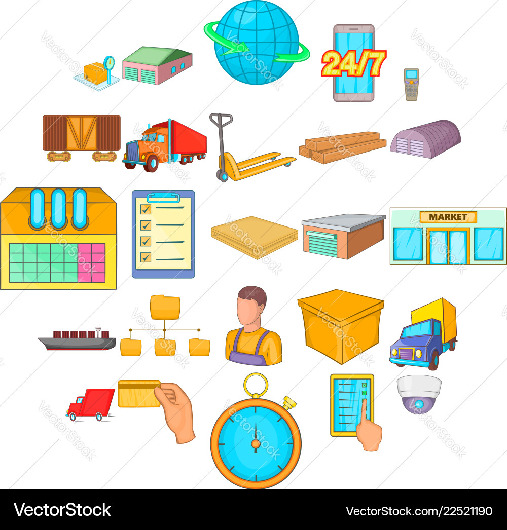Warehouse icons set cartoon style Royalty Free Vector Image