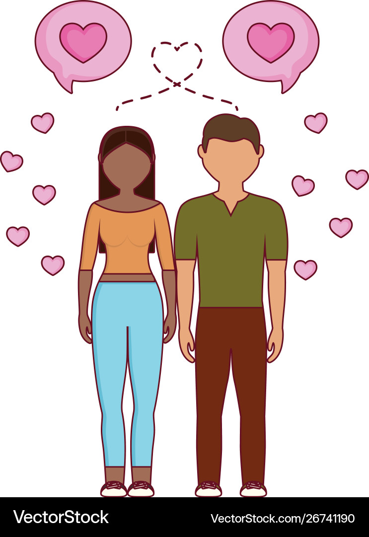 Young couple lovers with speech bubbles and hearts