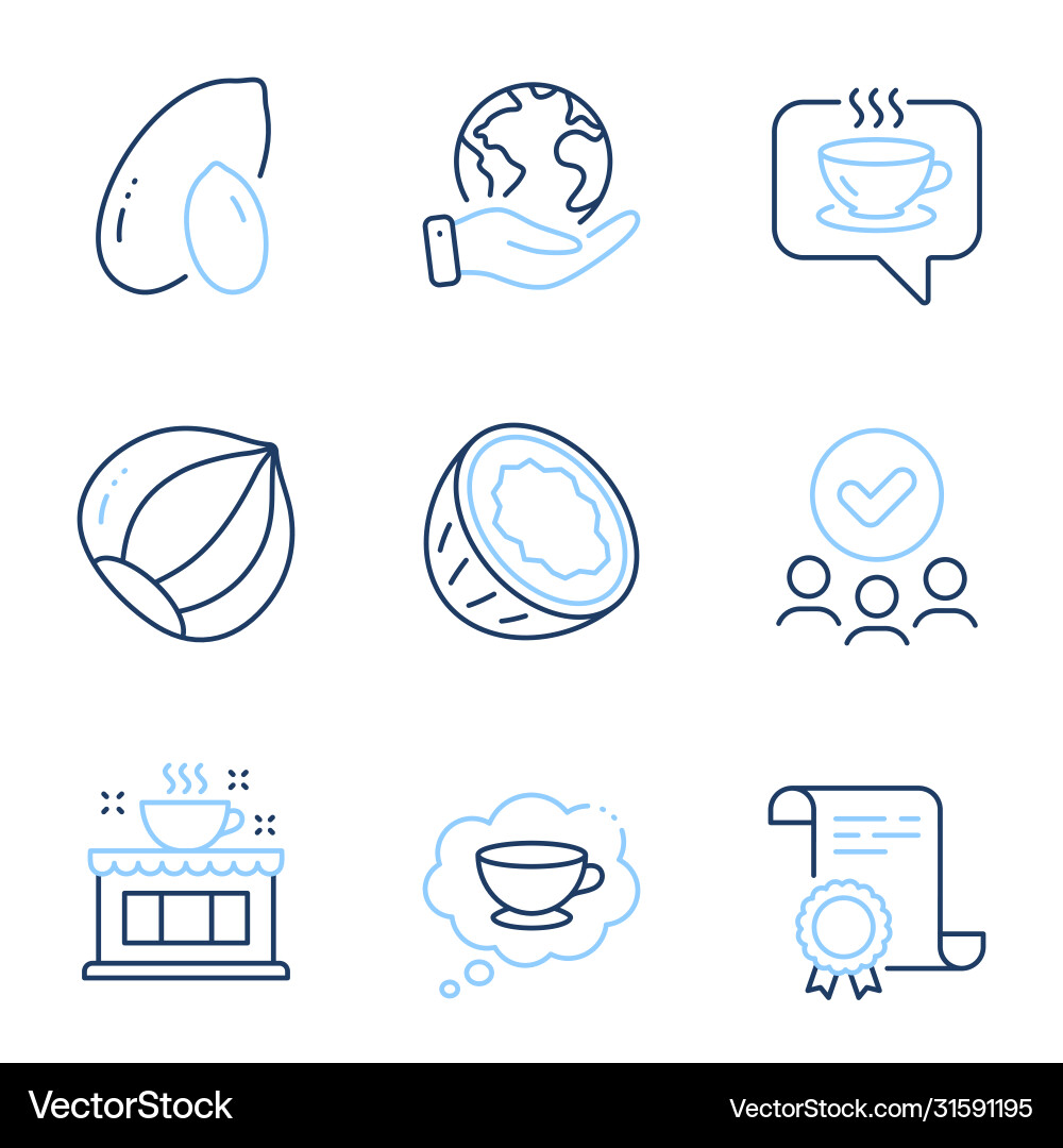 Coffee cup and hazelnut icons set peanut Vector Image