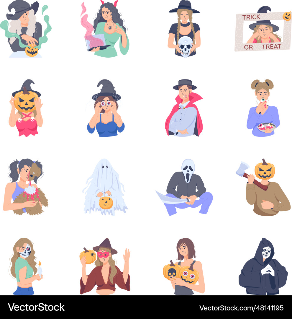 Collection of spooky characters flat Royalty Free Vector