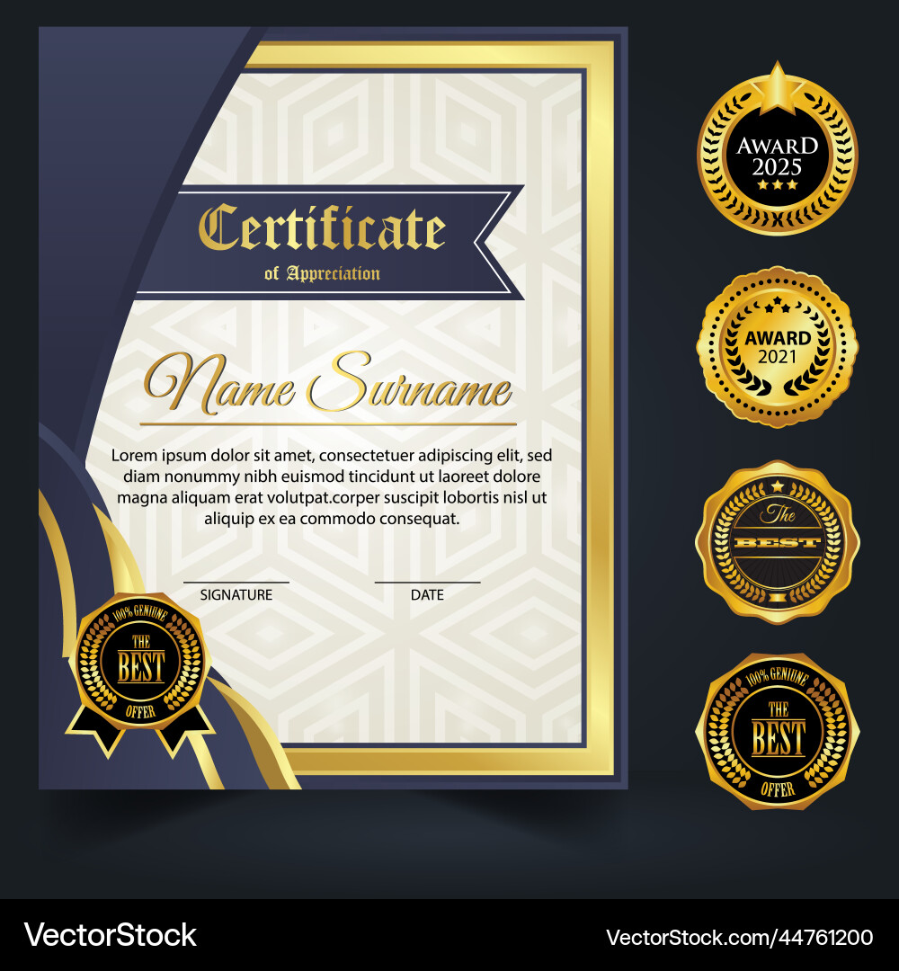 Blue and gold color certificate template design Vector Image
