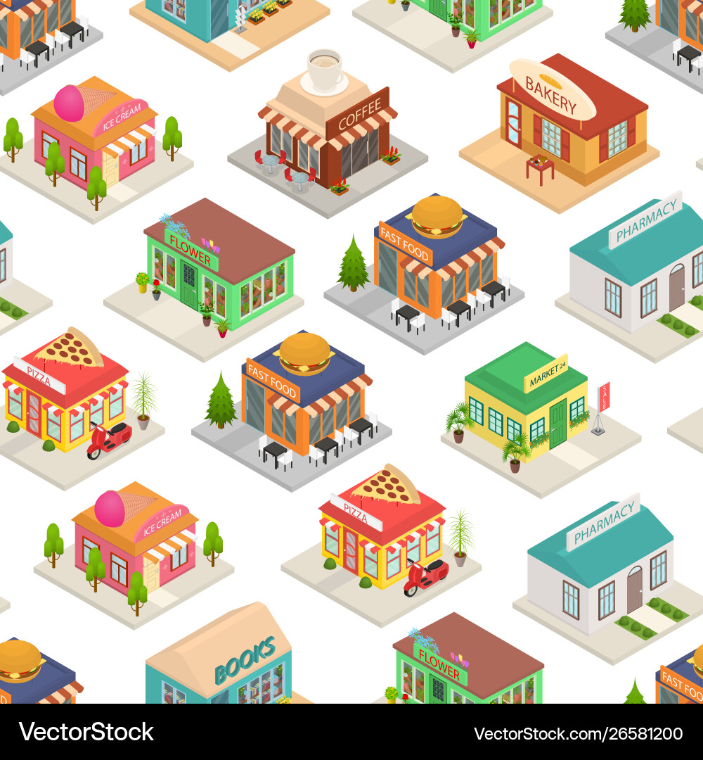 Commercial city shops signs 3d seamless pattern Vector Image