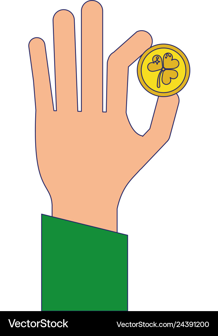 Hand with shamrock coin blue lines Royalty Free Vector Image