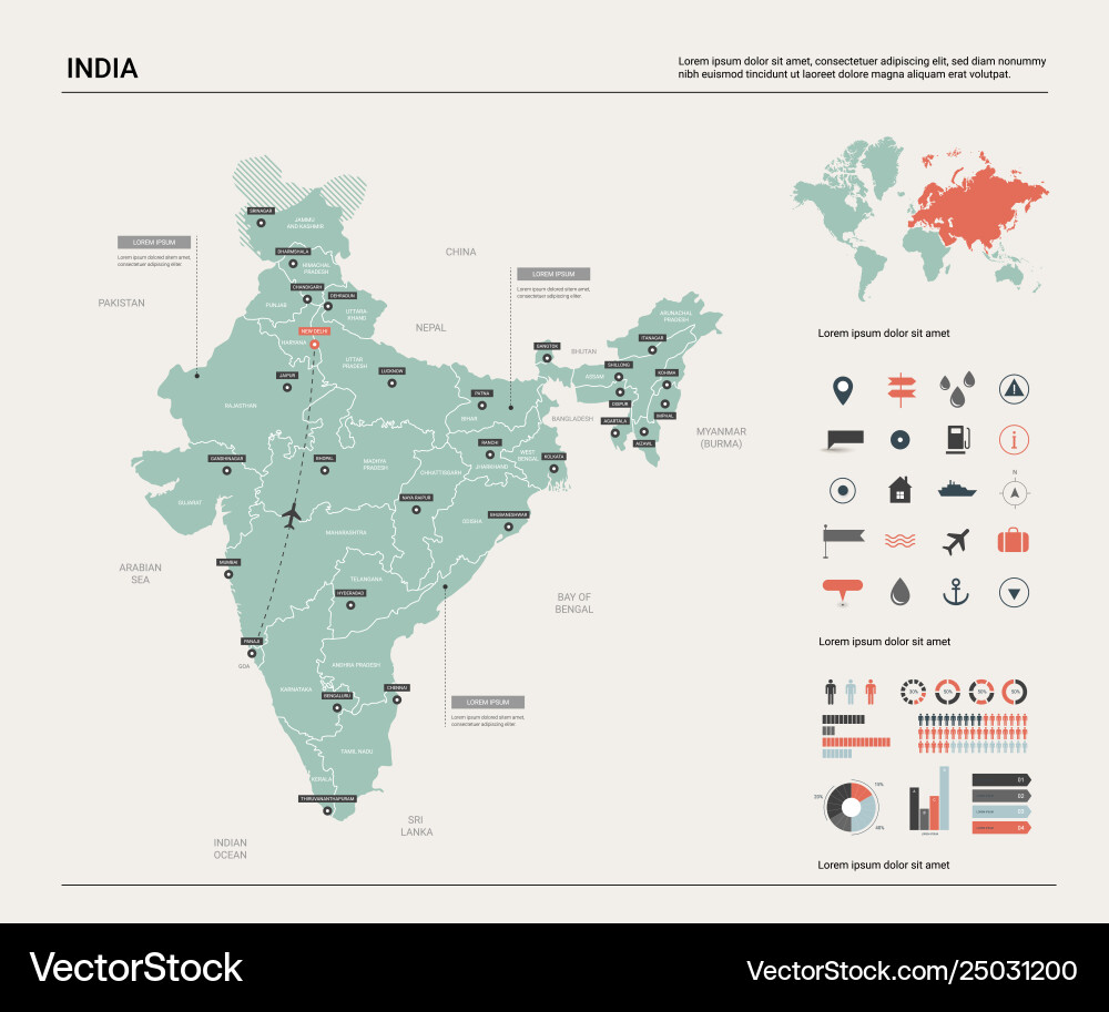 Map india high detailed country Royalty Free Vector Image