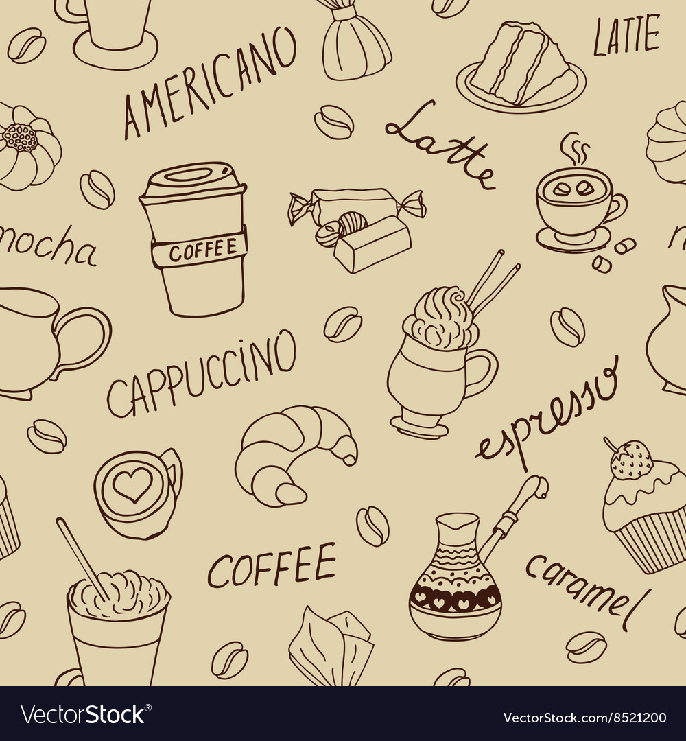 Seamless coffee pattern with hand drawn elements Vector Image