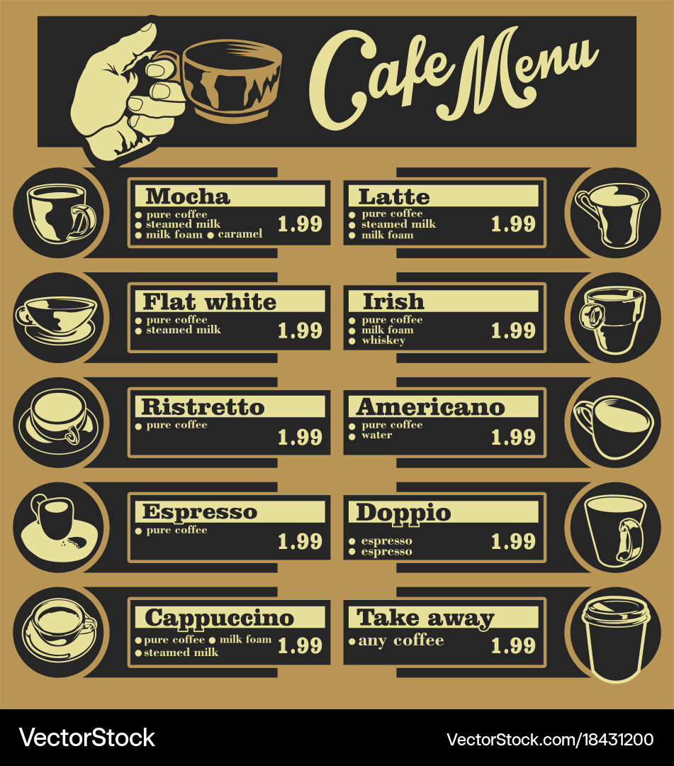 Set of coffee menu with a cups drinks 5 Royalty Free Vector