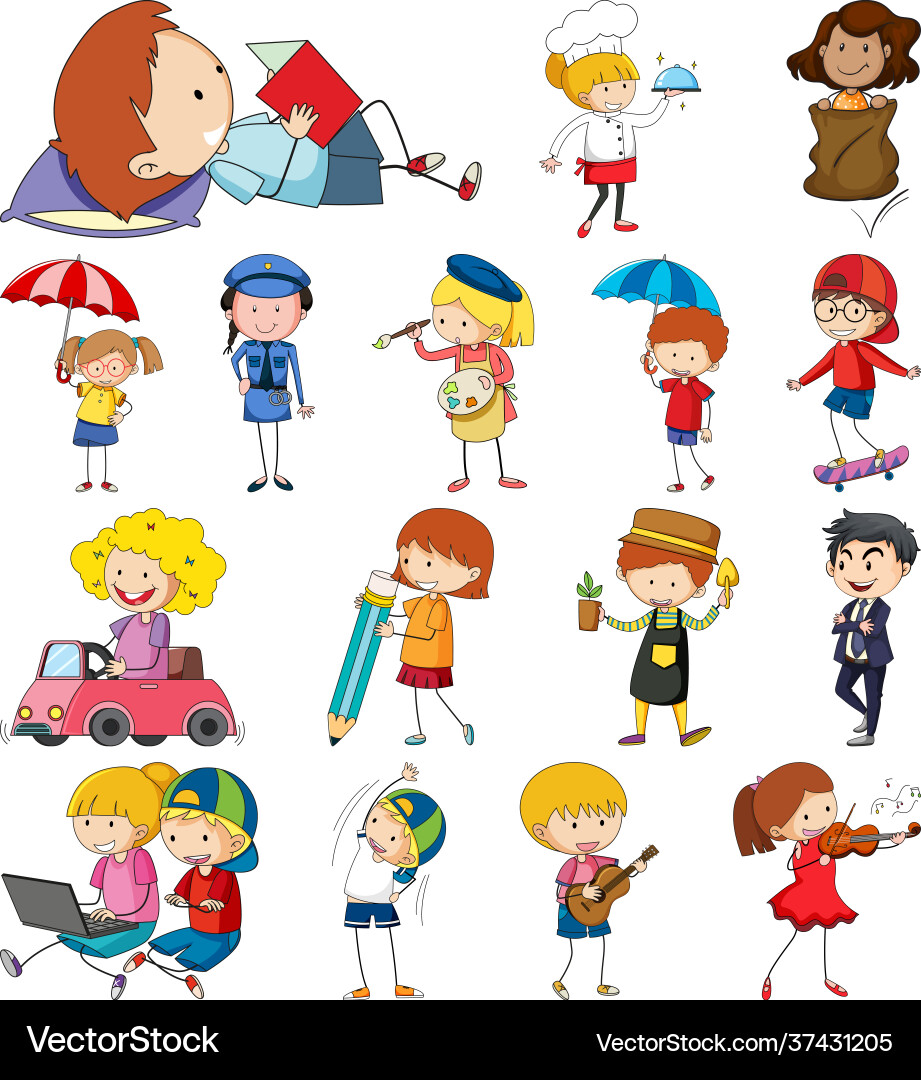 Set different doodle kids cartoon character Vector Image