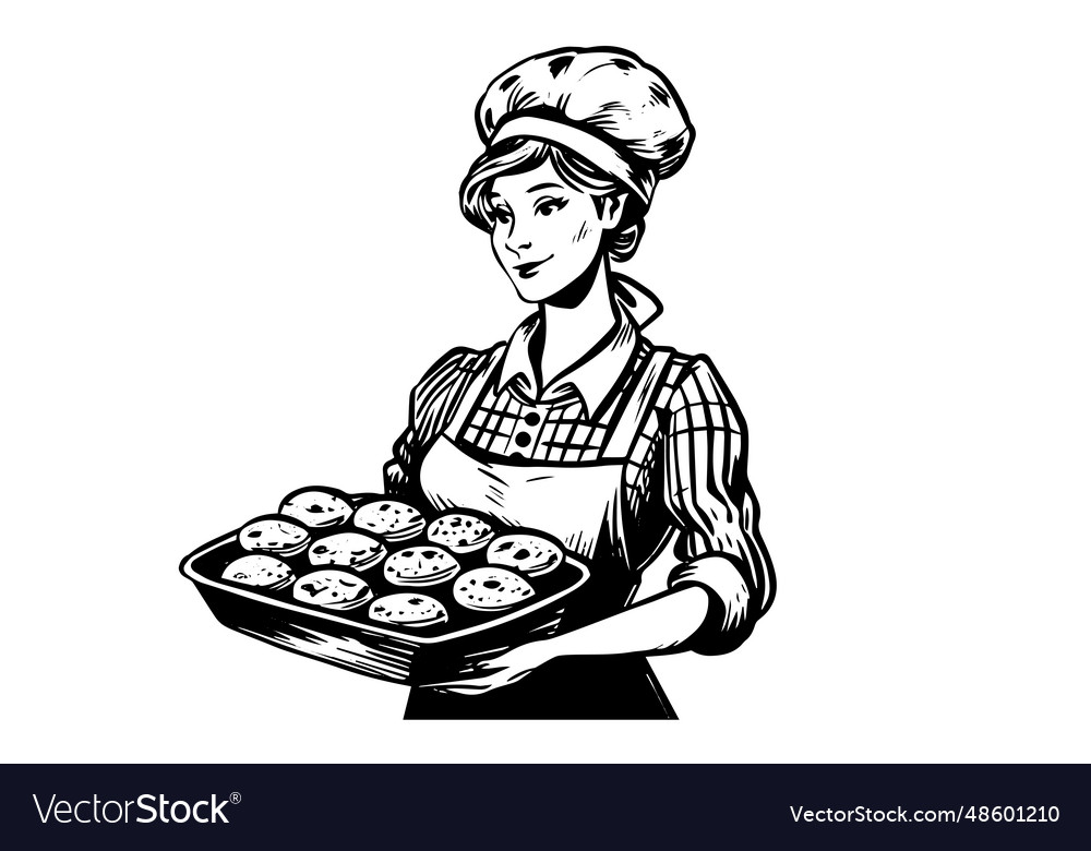 Hand drawn ink sketch of female baker with baked Vector Image