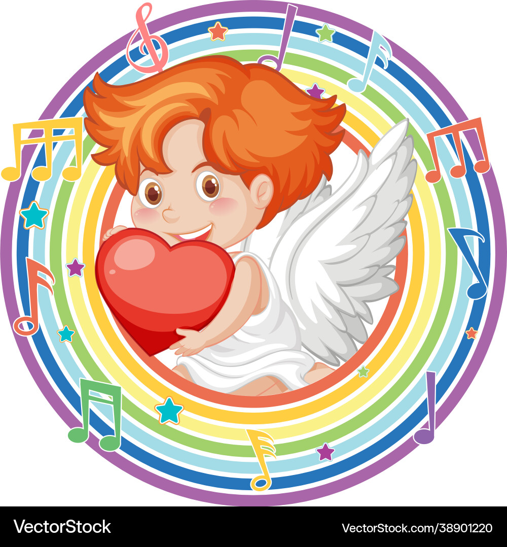 Cupid in rainbow round frame with melody symbol Vector Image