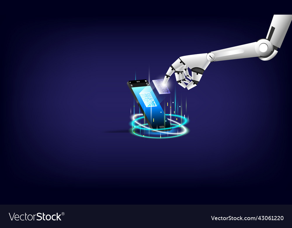 Hand of robot are touching on a hologram qr code Vector Image