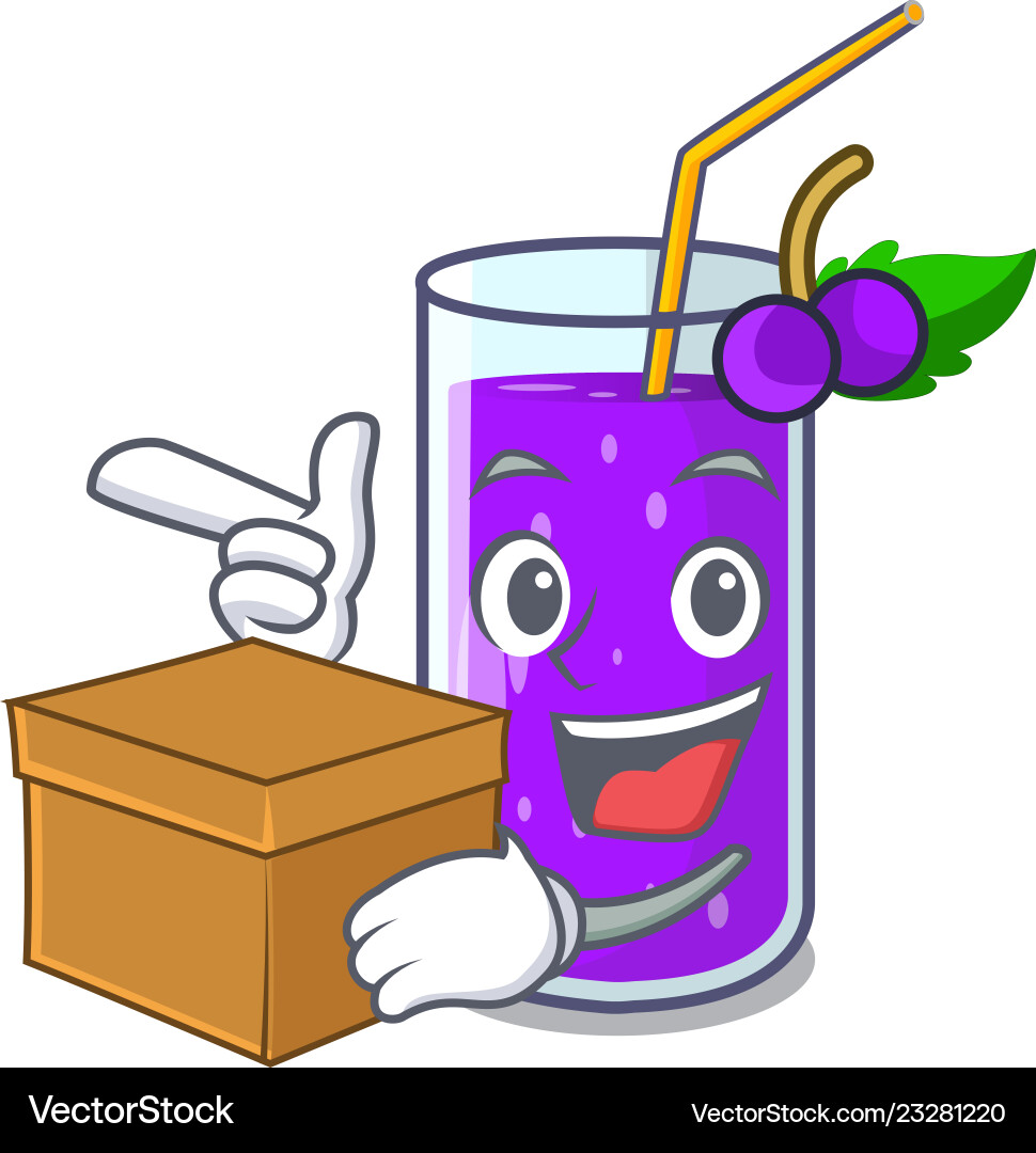 With box glass grape juice on character table Vector Image
