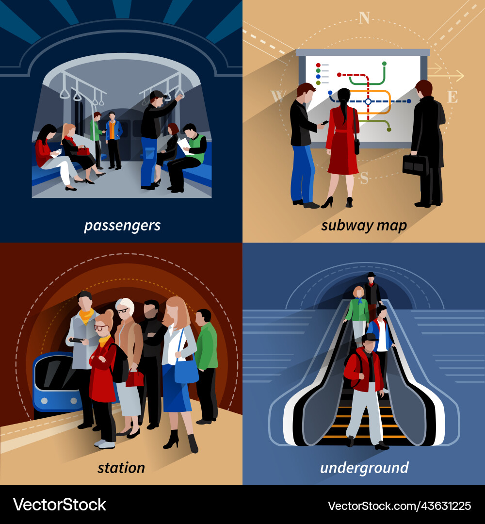 Subway 4 flat icons square composition Royalty Free Vector