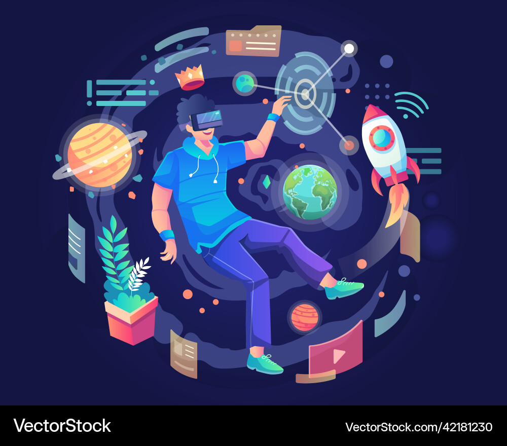 A man wearing vr headset floating in cyberspace Vector Image