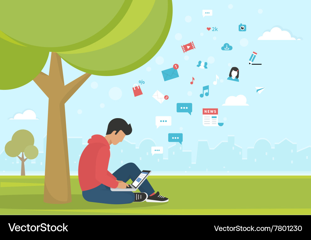 Young man sitting in the park under a tree Vector Image