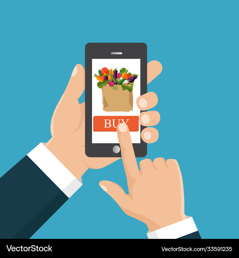 Hand ordering fresh food hold smartphone Vector Image