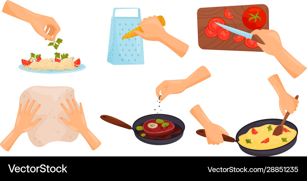 Hands holding kitchen items and cooking meal Vector Image