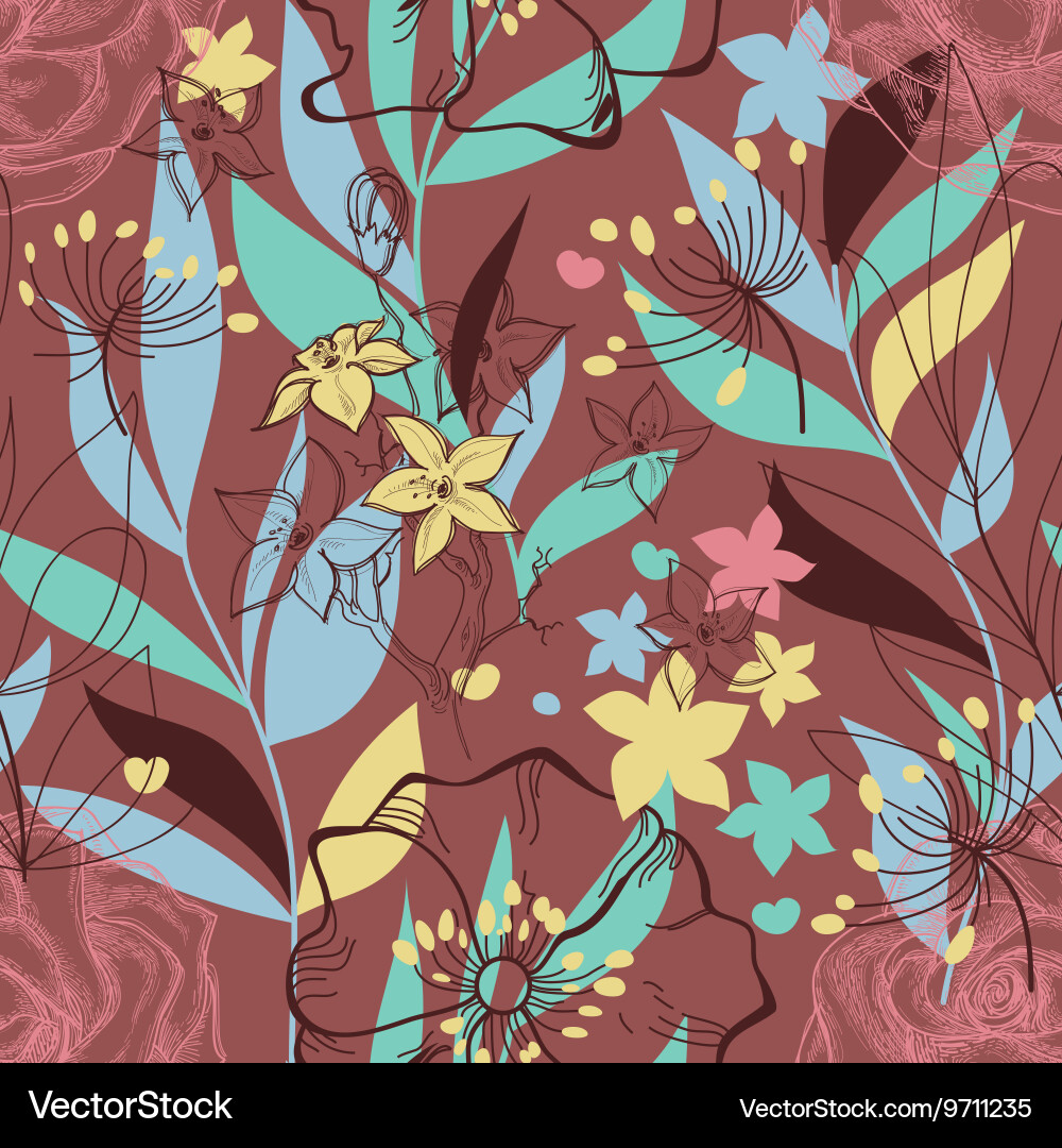 Retro floral seamless pattern colorful plants Vector Image