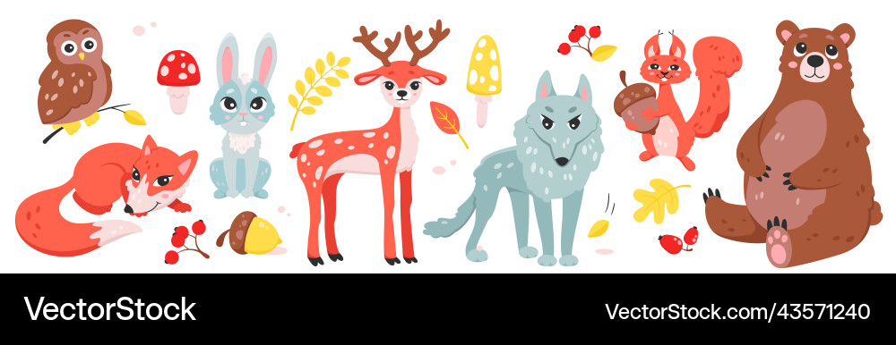 Cute wild animals and birds set forest characters Vector Image