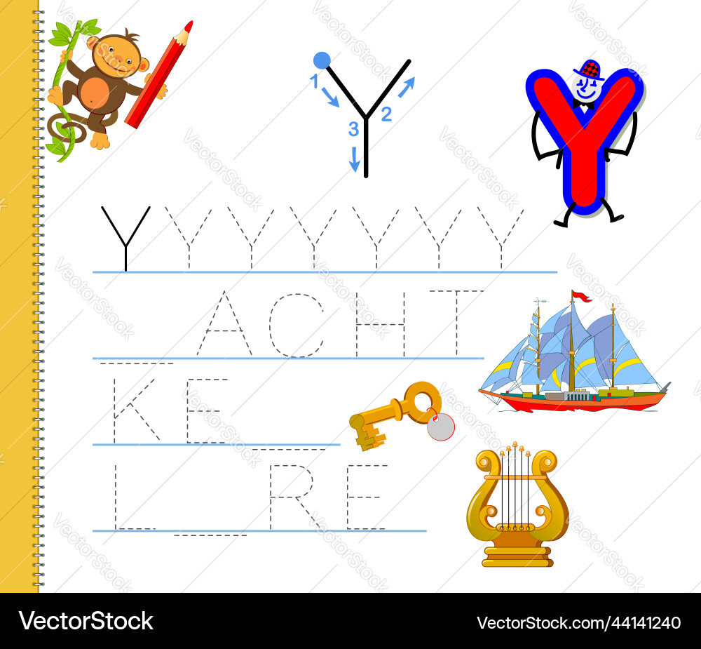 Learn to trace letter y study english words Vector Image