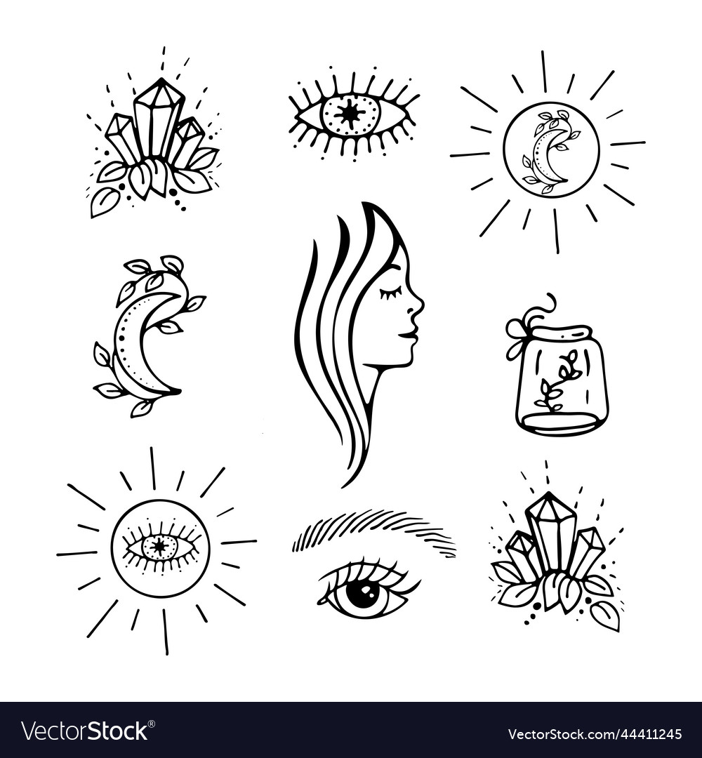 Esoteric Symbols Hand Drawn Set Doodles Royalty Free Vector