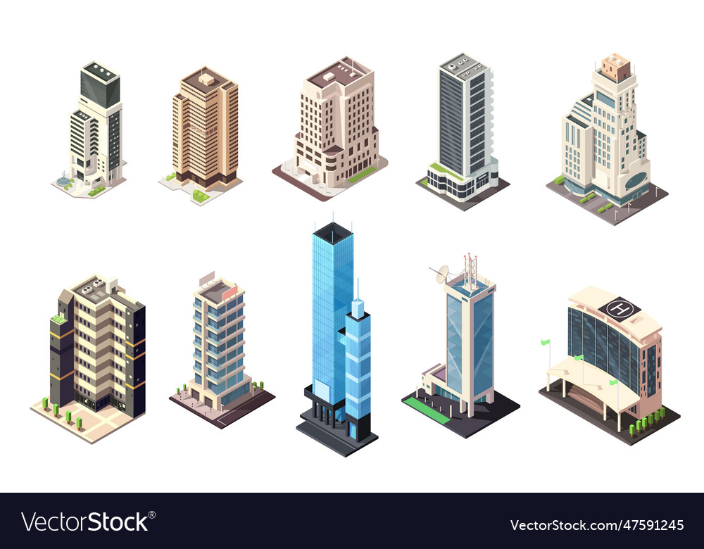 Isometric skyscrapers buildings collection set Vector Image Isometric skyscrapers buildings collection set Vector Image