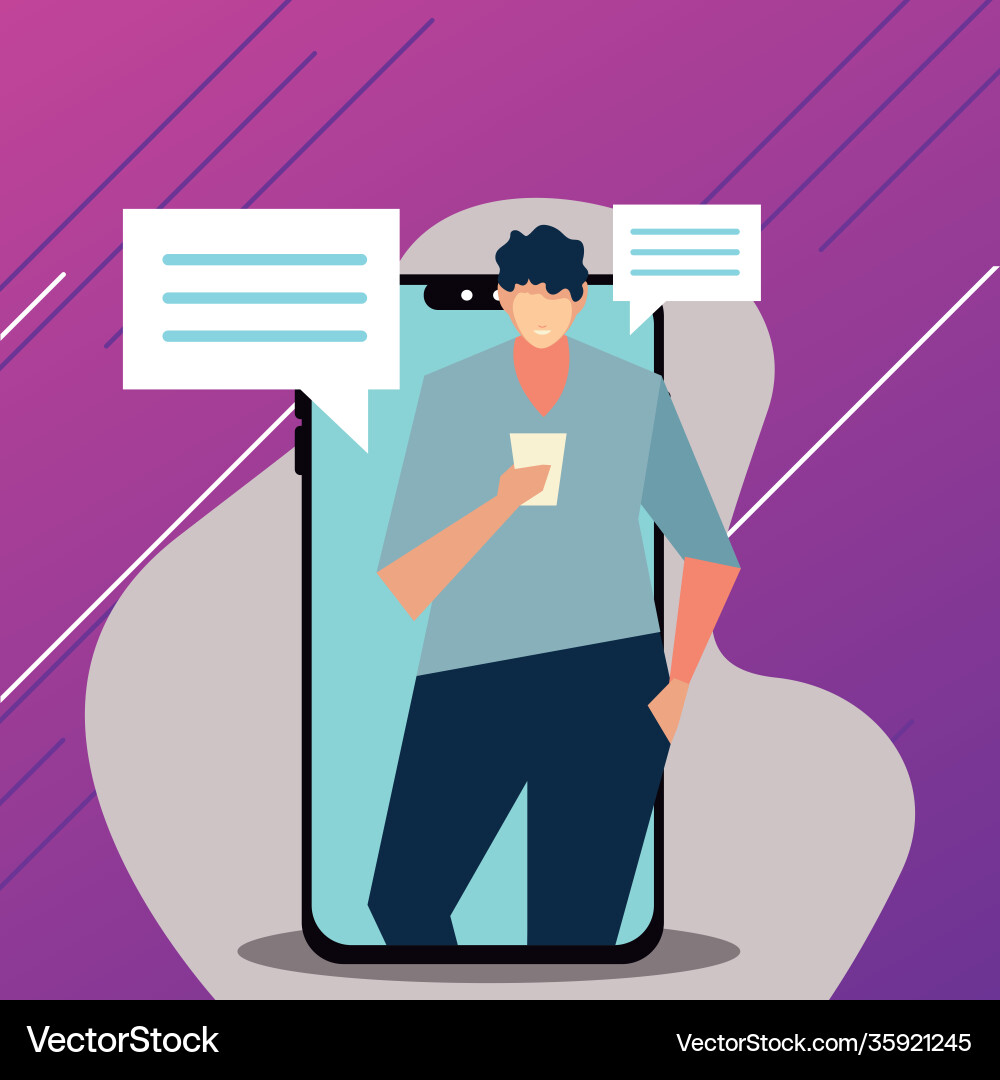 Man with smartphone in hand sending messages Vector Image
