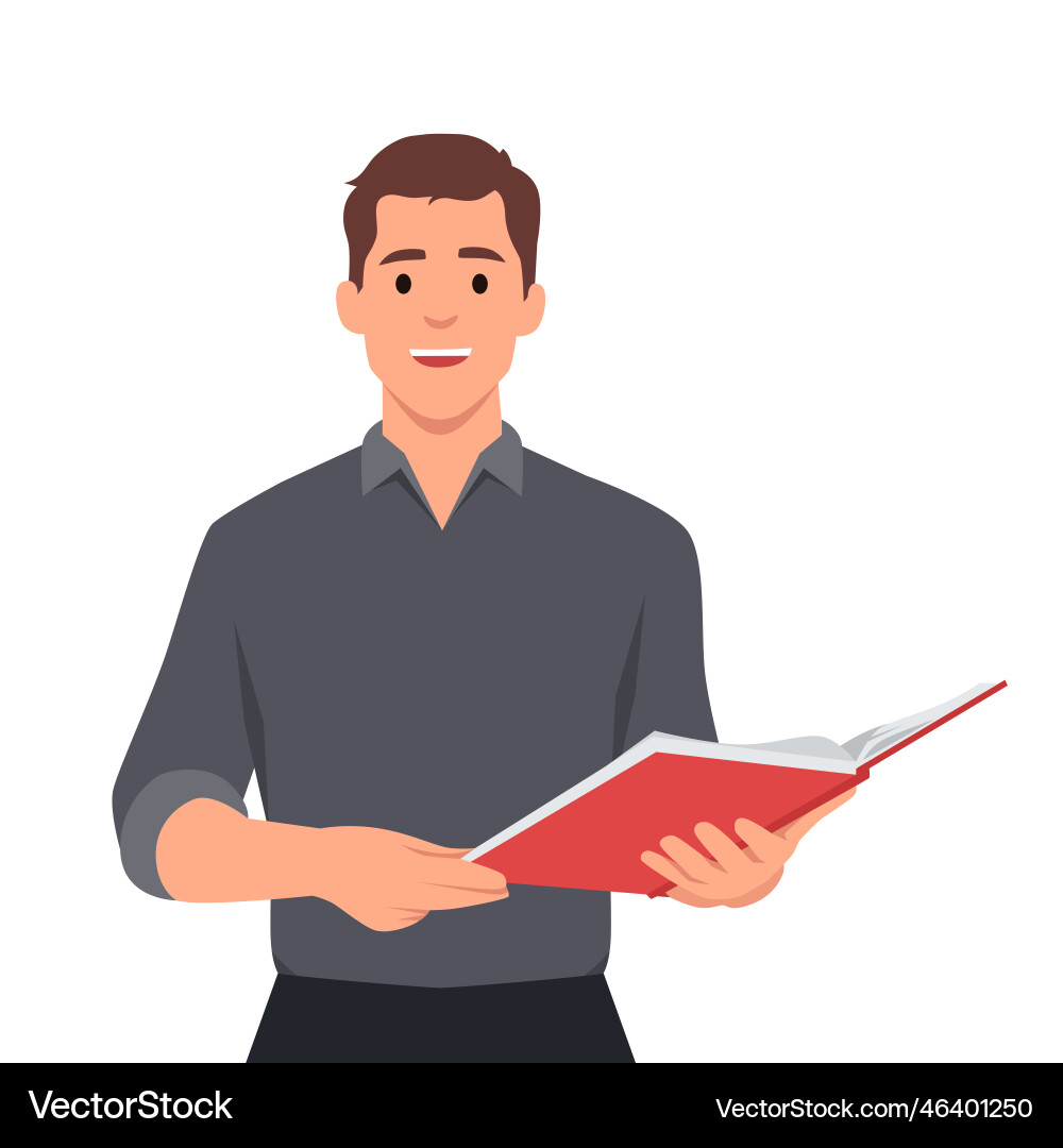 Man is holding a book in his hand teaching class Vector Image