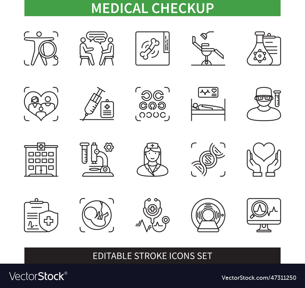 Medical checkup editable stroke icon set Vector Image