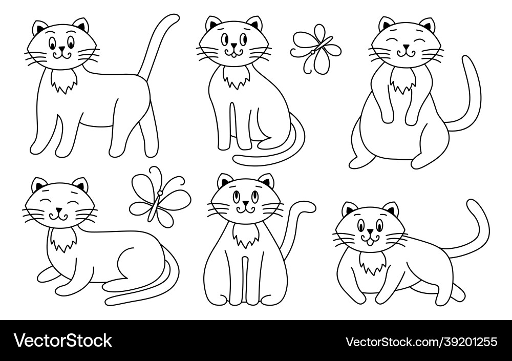 Cats line outline handdrawn in different poses set