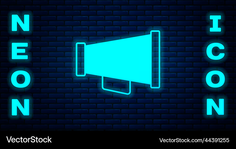 Glowing neon megaphone icon isolated on brick wall