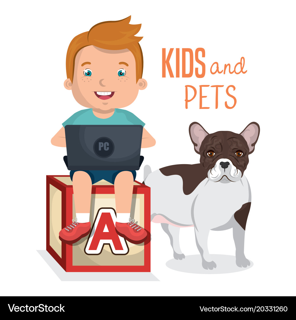 Boy with computer laptop and dog character Vector Image