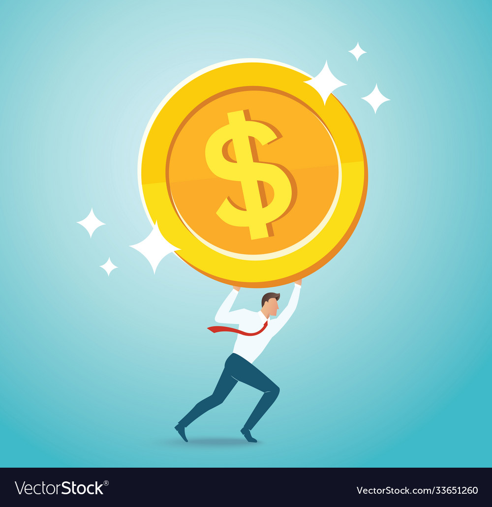 Businessman holding big gold coin Royalty Free Vector Image Businessman holding big gold coin Royalty Free Vector Image