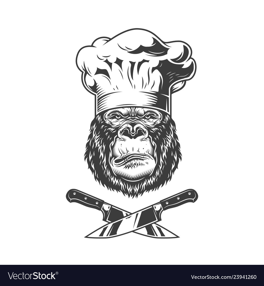 Serious gorilla head in chef hat Royalty Free Vector Image