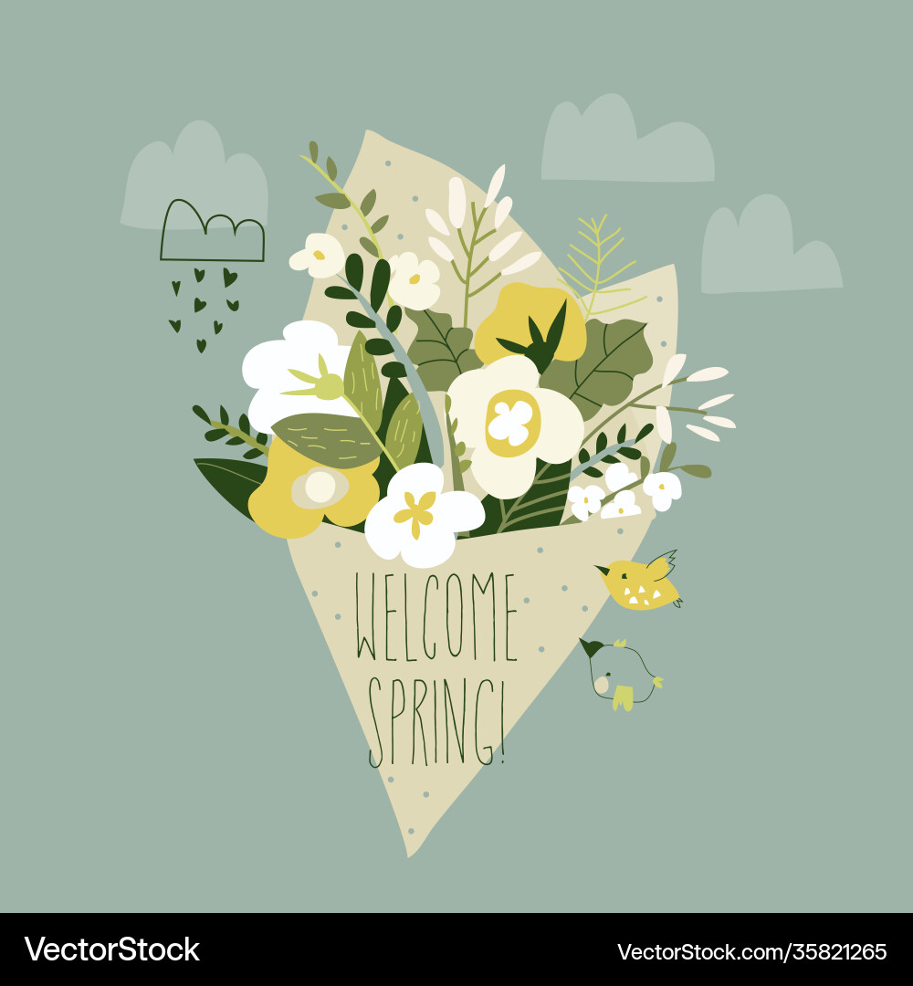 Cute cartoon spring bouquet flowers hello Vector Image